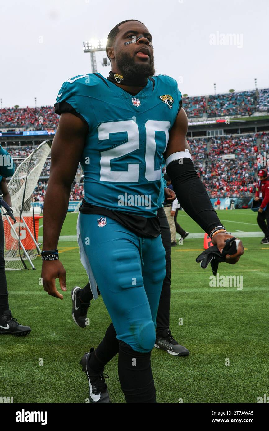 Jacksonville Jaguars safety Daniel Thomas (20) walks of the field at ...