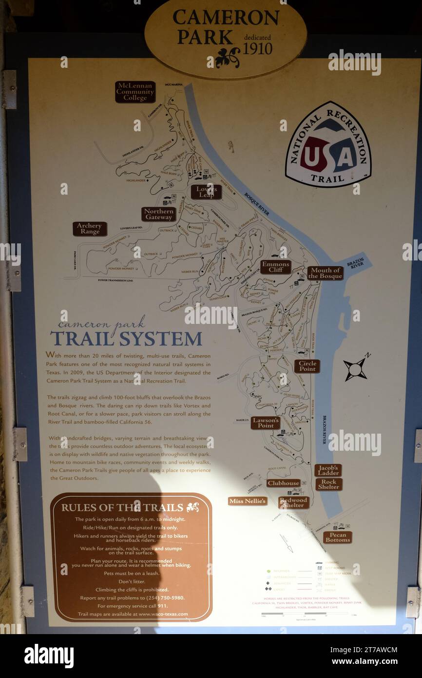 This is a map of the trails at Cameron Park within Waco Texas Stock ...