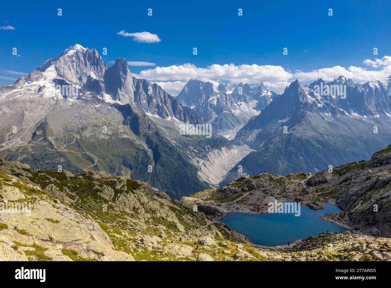 Lac Blanc lake and Aiguille du Dru scenic landscape around Chamonix ...