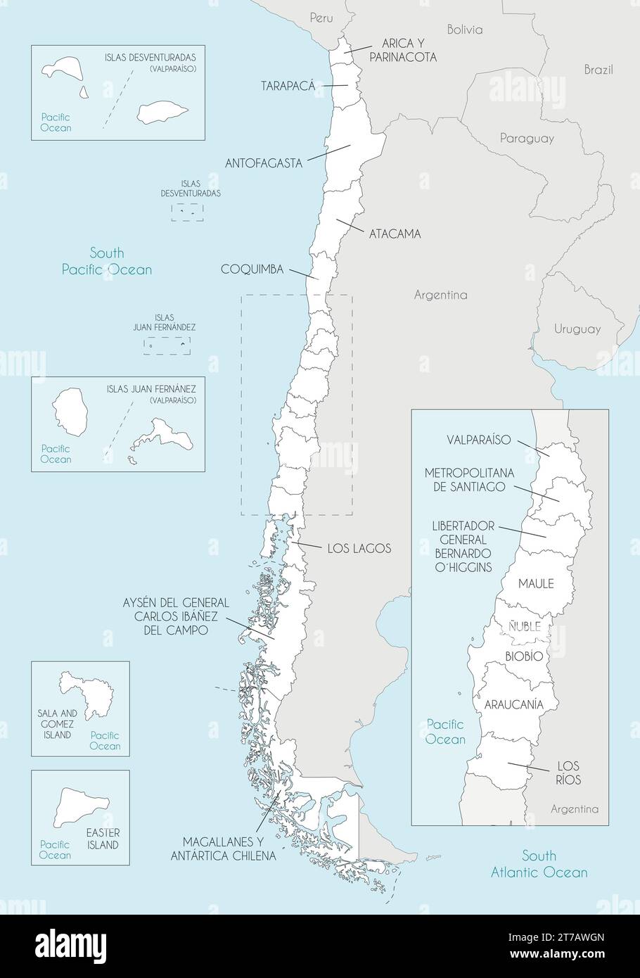 Vector map of Chile with regions and territories and administrative ...