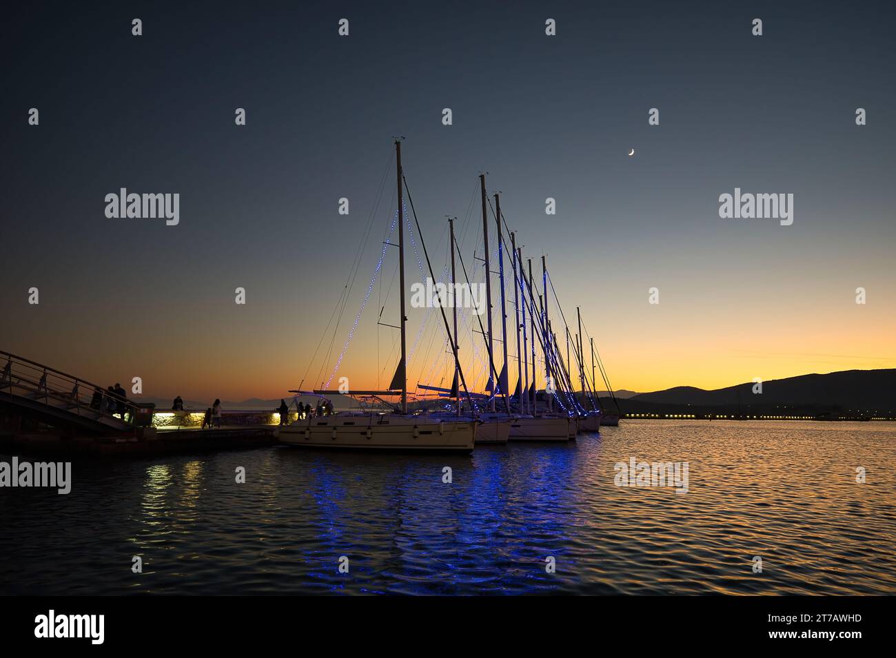 beautiful sailboats in the port of Volos, Greece, waiting for the ...