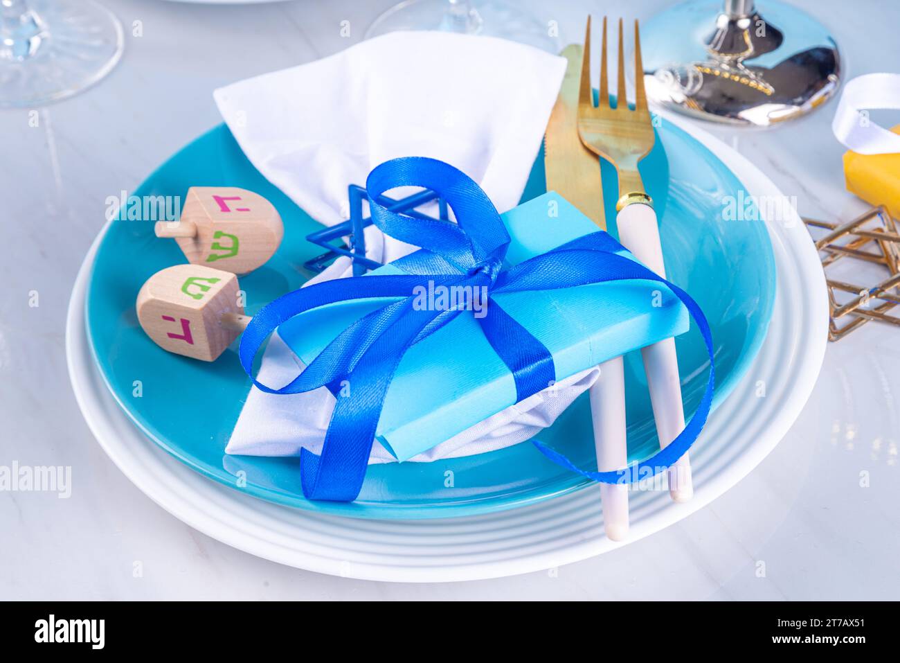 Hanukkah table setting, Jewish New Year holiday invitation or menu ...
