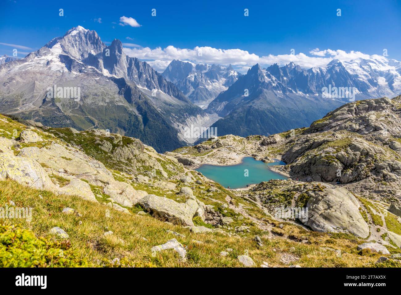 Lac Blanc lake and Aiguille du Dru scenic landscape around Chamonix ...