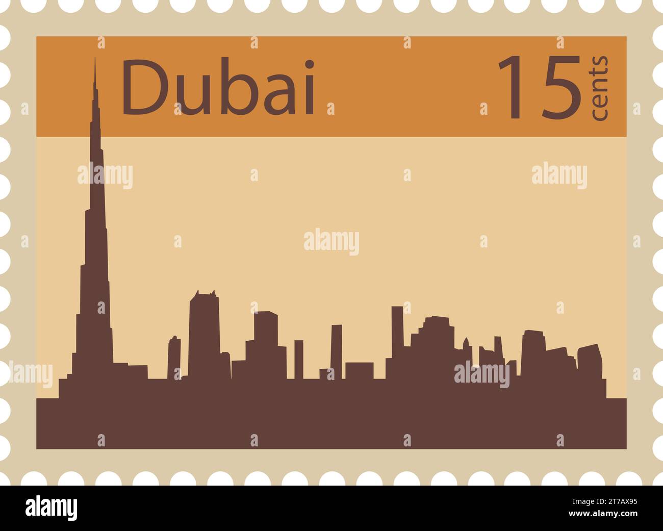 Postal stamp with city landscape and BURJ KHALIFA famous landmark of ...