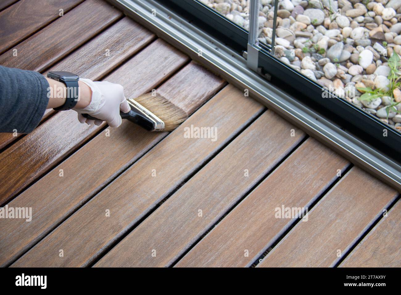 Wood flooring maintenance, hand with brush applying transparent oil ...