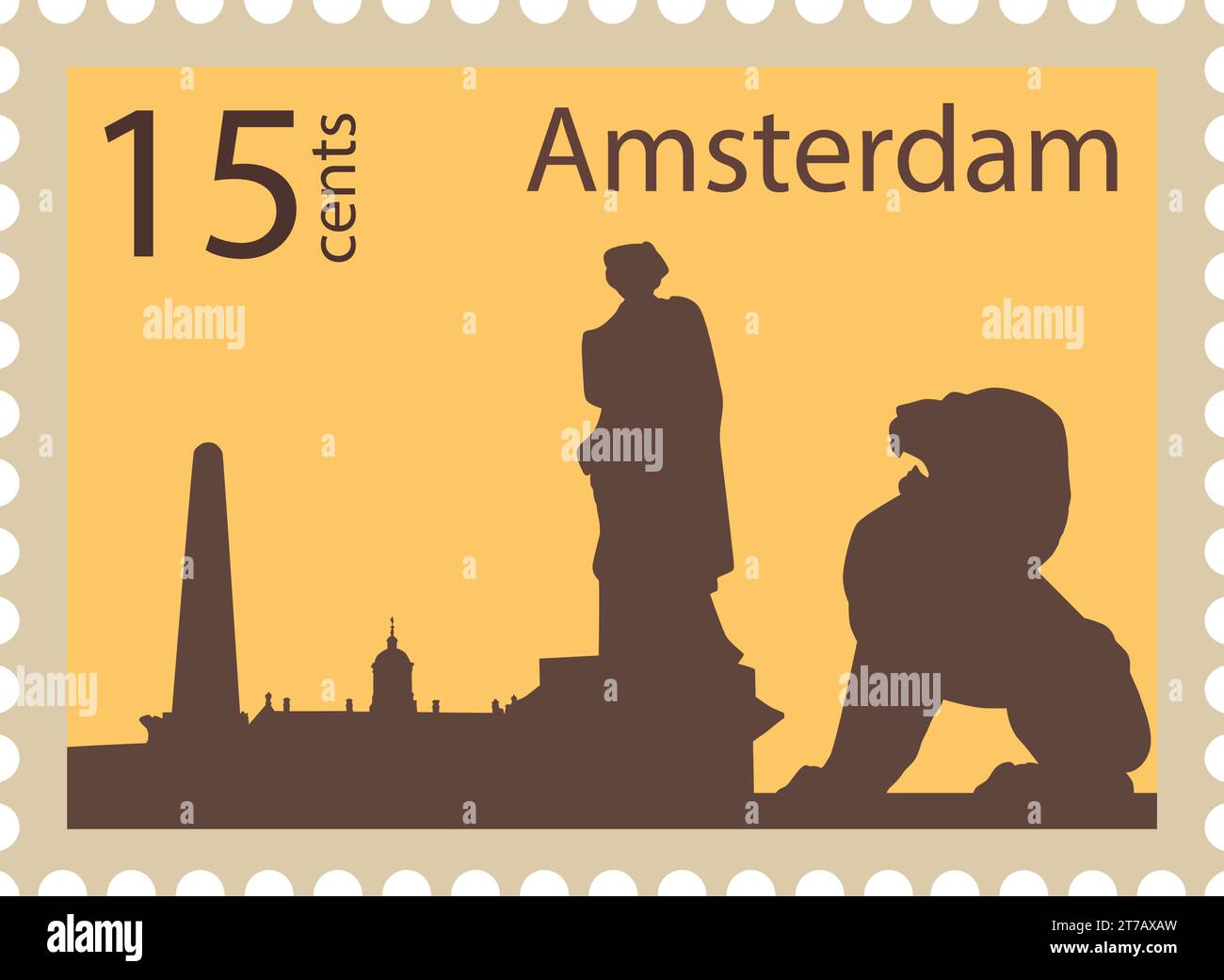 Postal stamp with LION STONE STATUE famous landmark of AMSTERDAM ...
