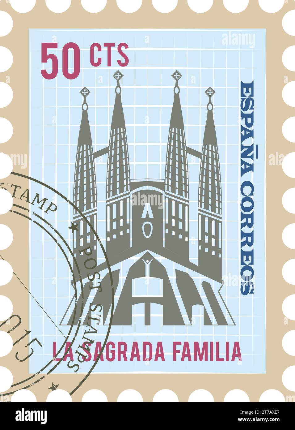 Postal stamp with SAGRADA FAMÍLIA famous landmark of BARCELONA, SPAIN ...