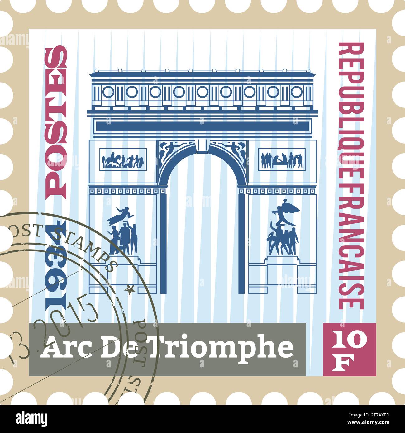Postal stamp with ARC DE TRIOMPHE famous landmark of PARIS, FRANCE ...
