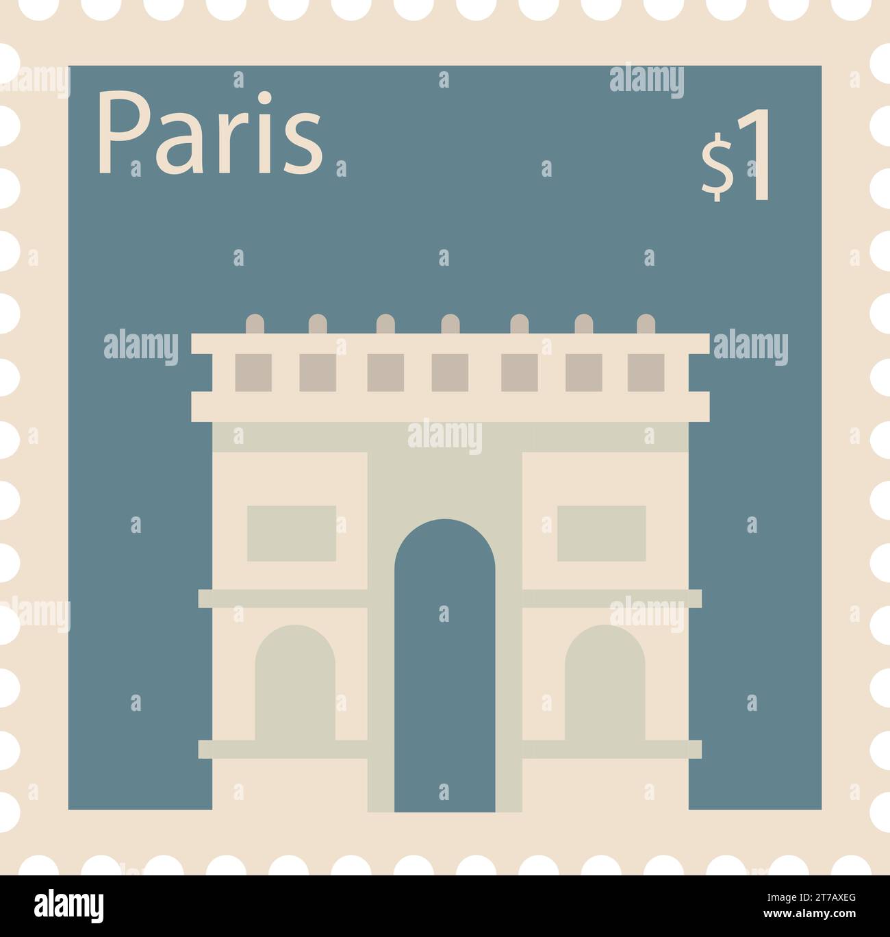 Postal stamp with ARC DE TRIOMPHE famous landmark of PARIS, FRANCE ...