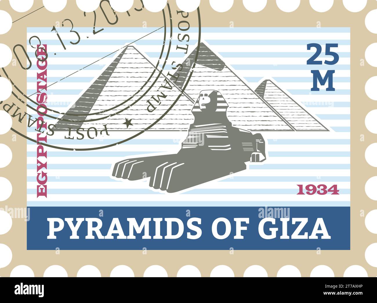 Postal stamp with GIZA NECROPOLIS PYRAMID COMPLE famous landmark of AL ...
