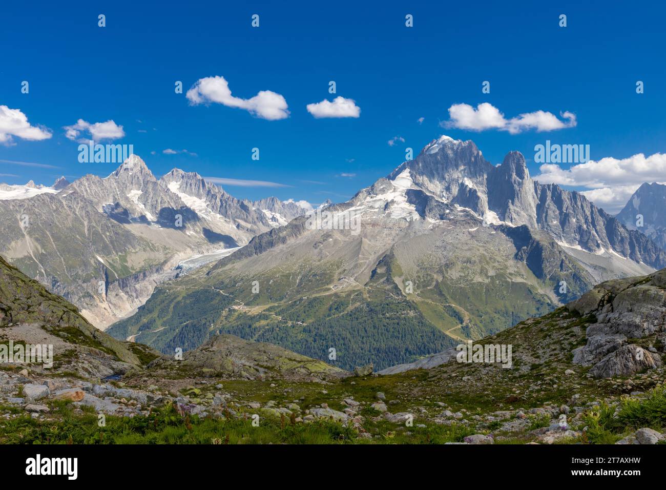 Lac Blanc lake and Aiguille du Dru scenic landscape around Chamonix ...