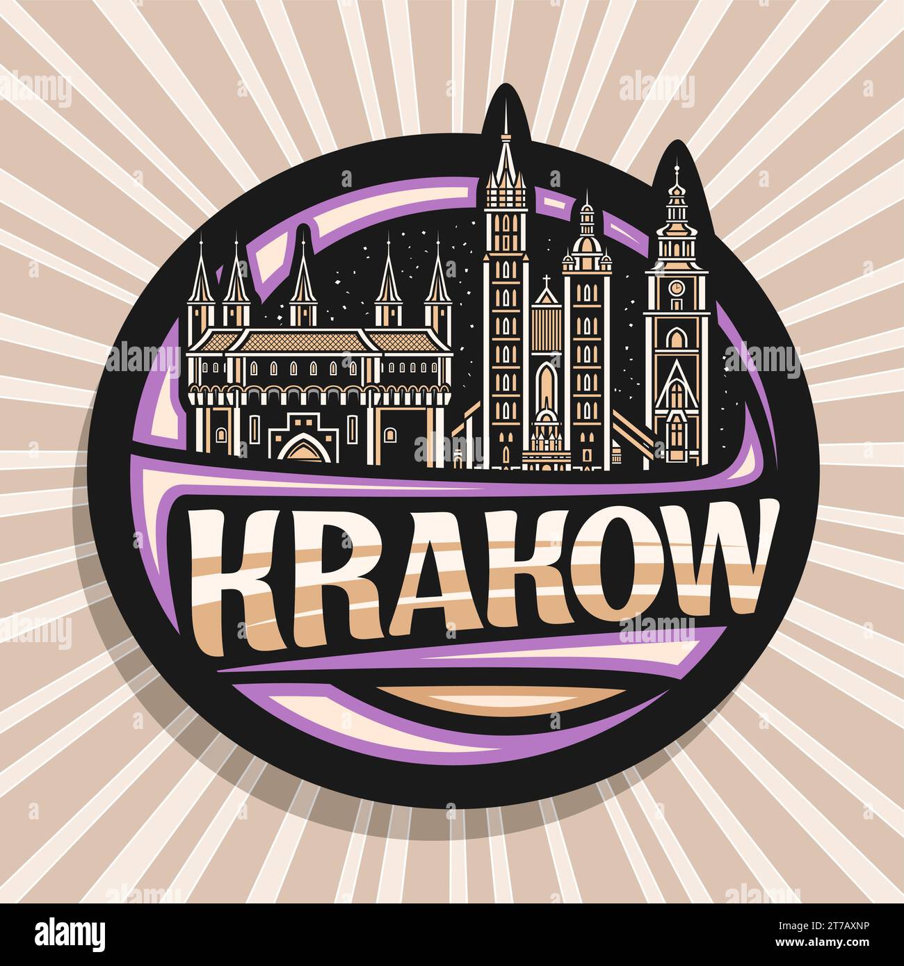 Vector logo for Krakow, decorative label with illustration of famous ...