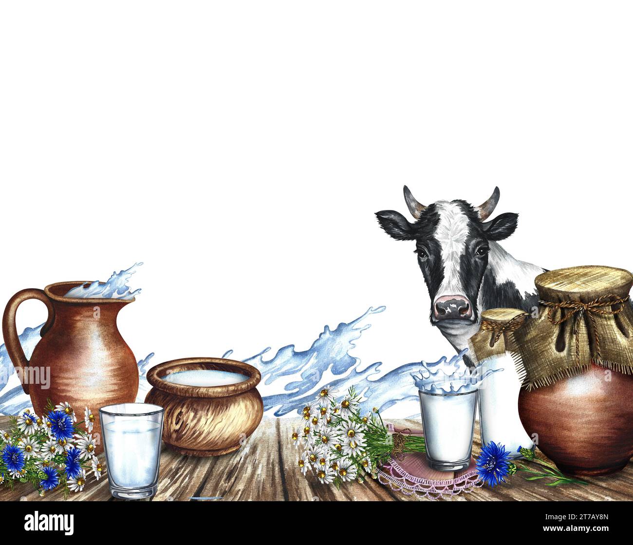 Cow and dairy products in ceramic and glass dishes. The frame is a ...