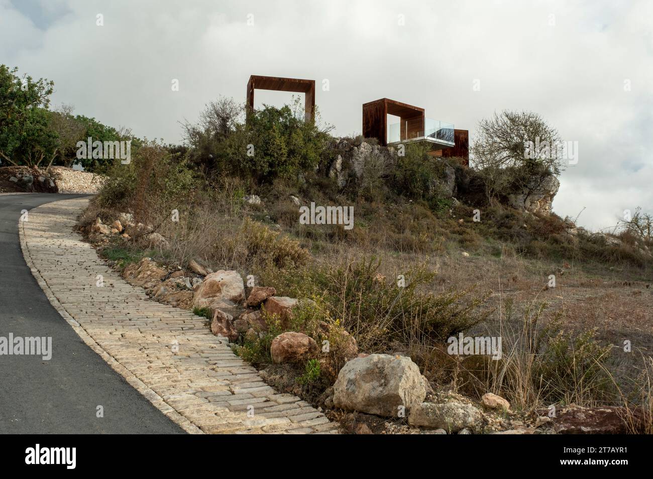 Outdoor viewing platforms on the road between Inia village and Lara bay ...