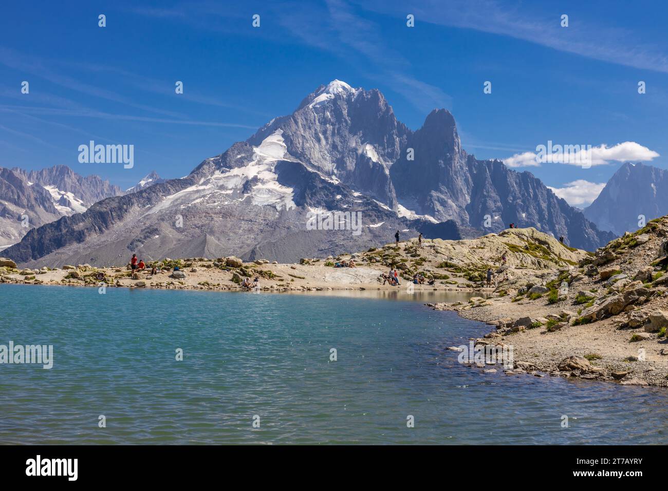 Lac Blanc lake and Aiguille du Dru scenic landscape around Chamonix ...