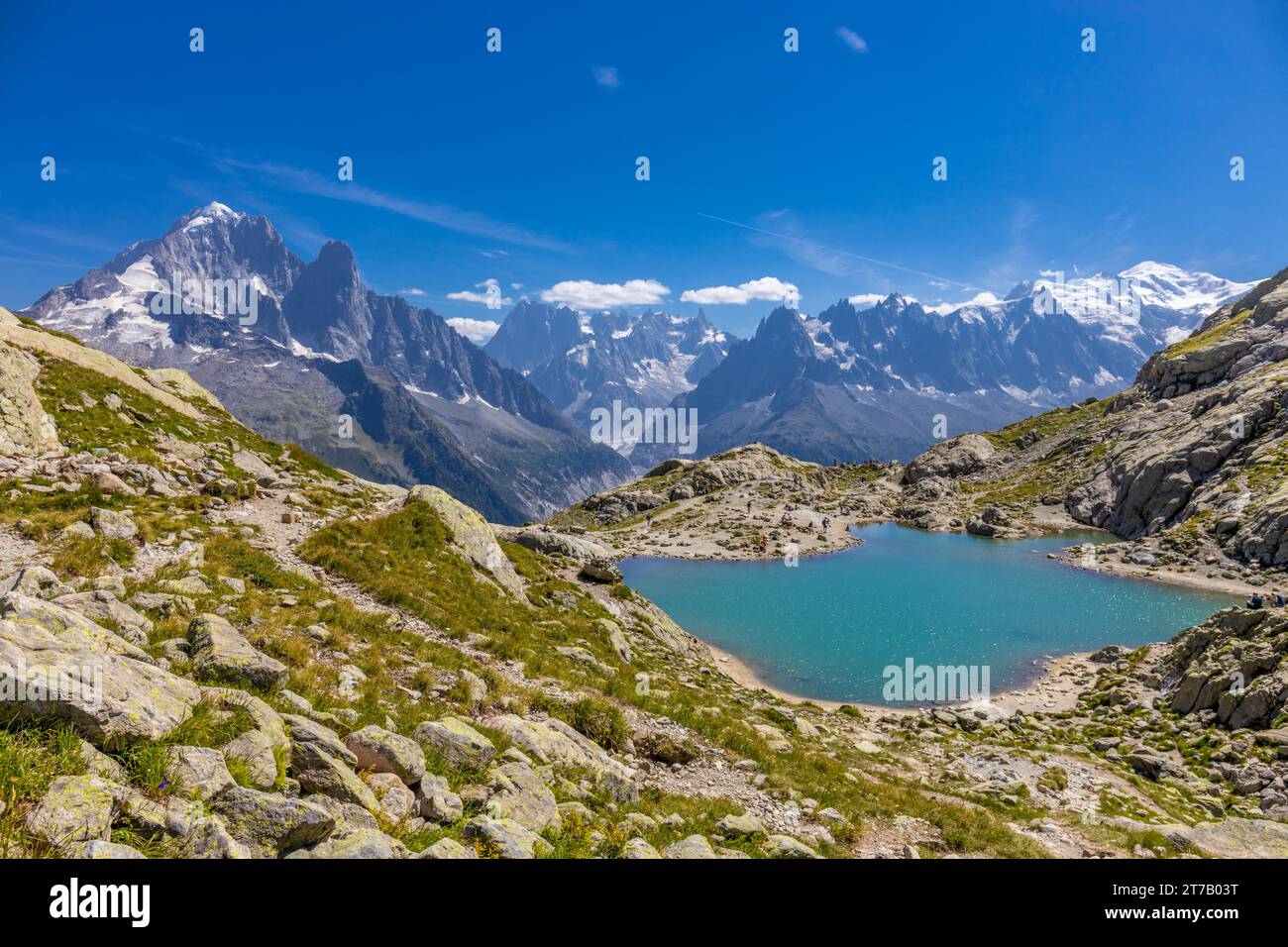 Lac Blanc lake and Aiguille du Dru scenic landscape around Chamonix ...