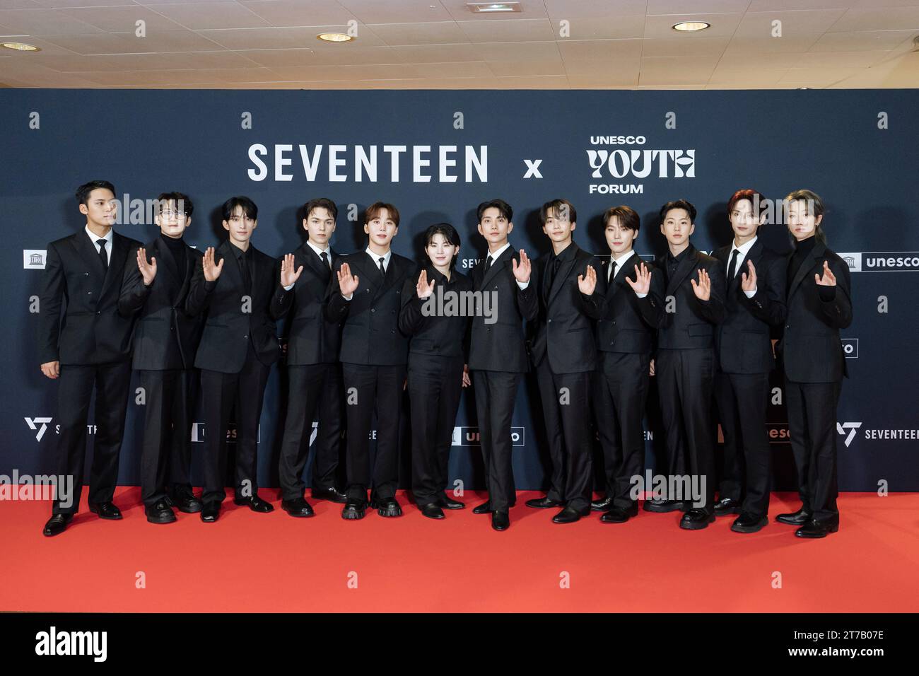 SEVENTEEN group members pose prior to their show, in Paris, Tuesday ...