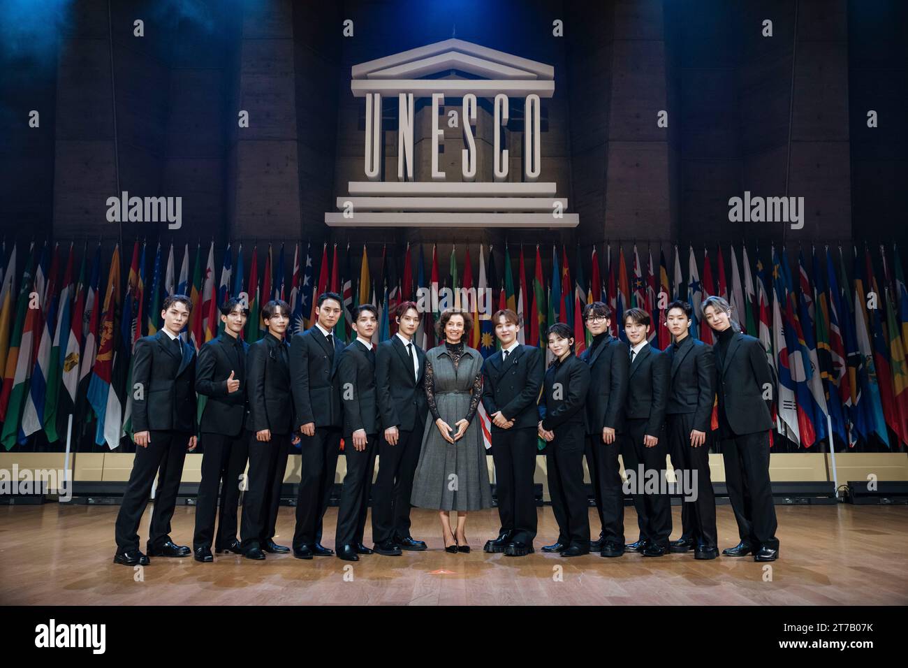 SEVENTEEN group members and Unesco Director Audrey Azoulay pose on ...