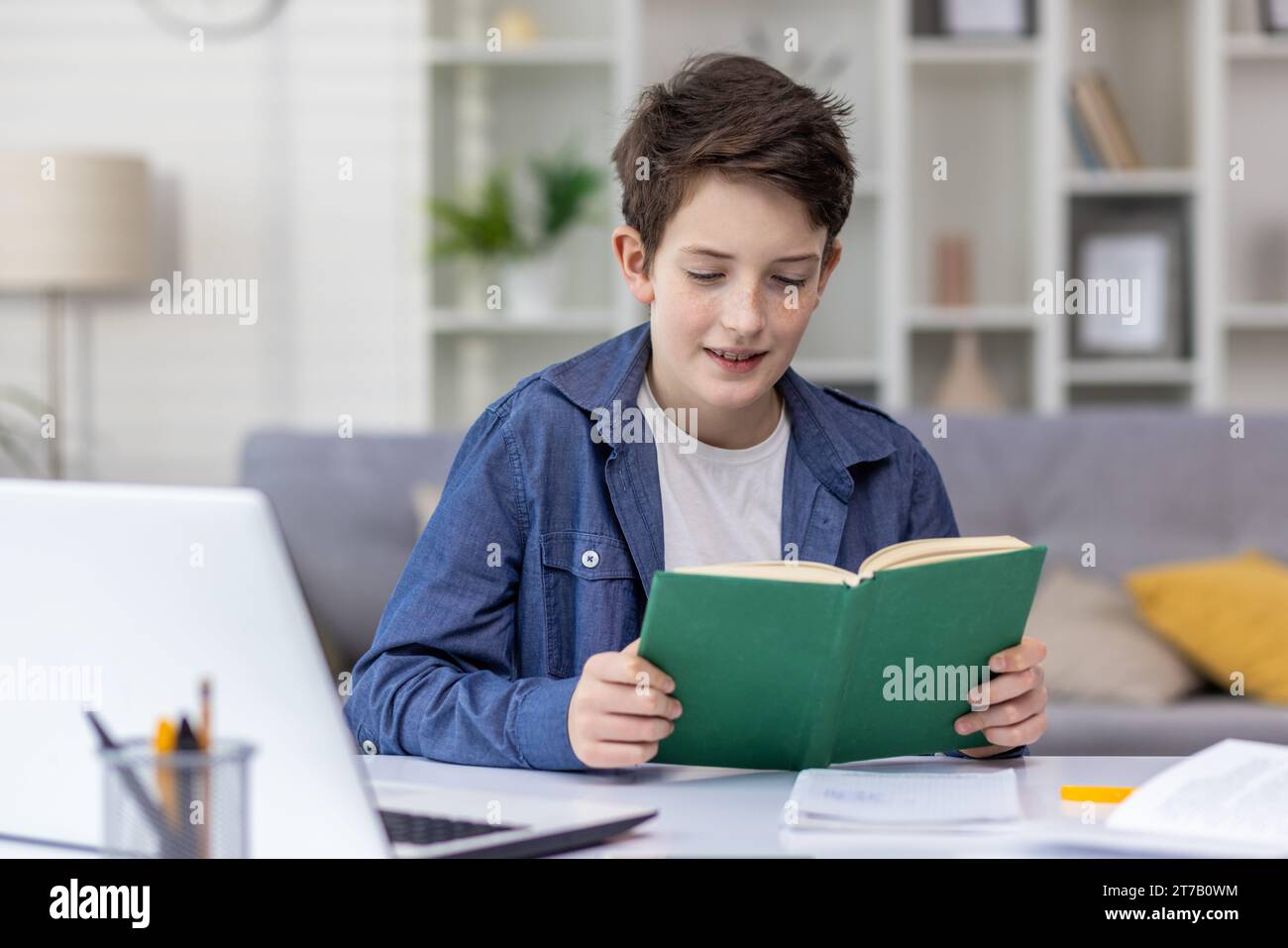 Concentrated teenage boy sitting in his room reading his favorite book ...