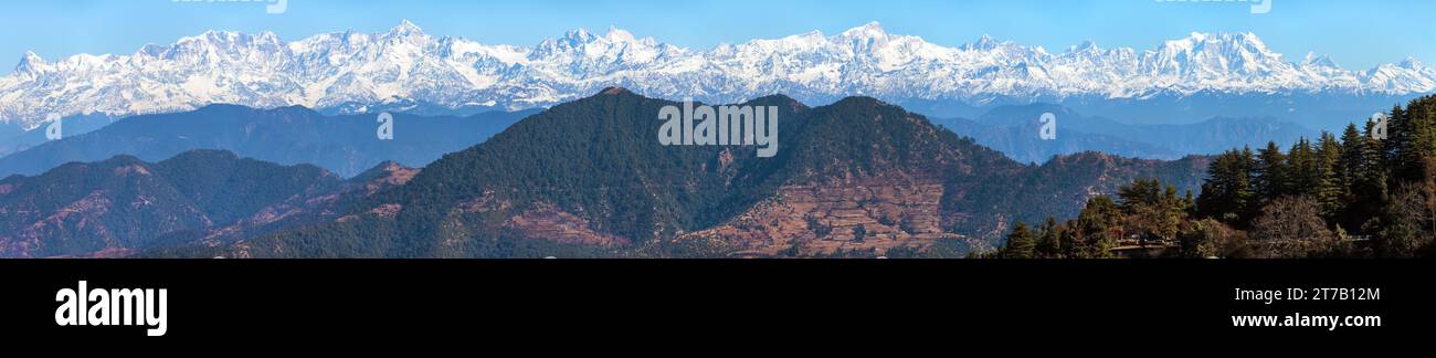 Himalaya, panoramic view of Indian Himalayas, great Himalayan range, Uttarakhand India, view ...