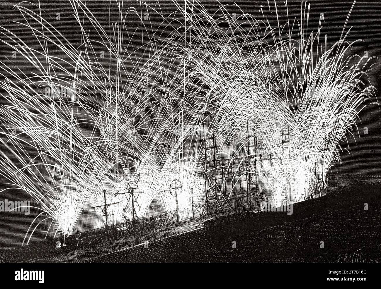 Fireworks on July 14, 1886 in Lyon on the Tilsitt bridge, France. Old ...
