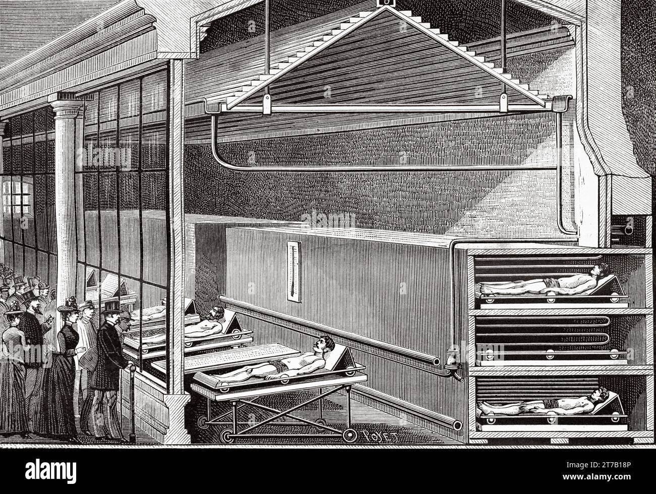 Exhibition room for corpses at the Paris morgue, France. Old ...
