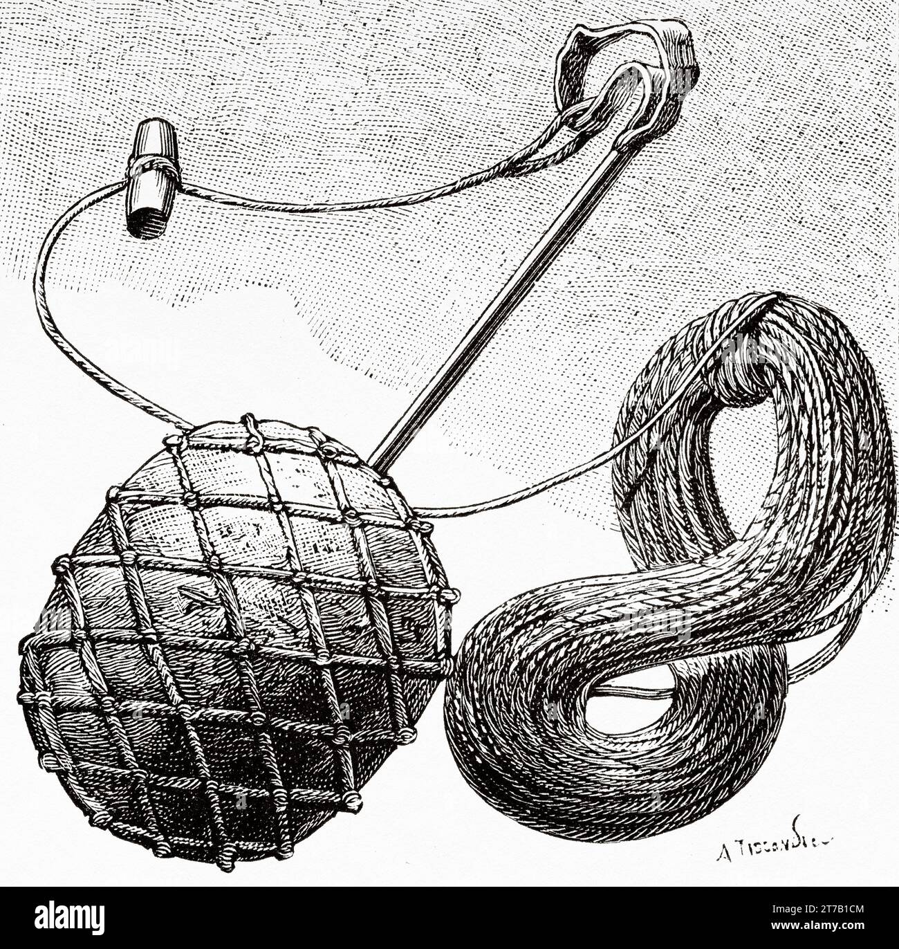 Sea rescue. Foating lead stick garnished with cork. Old illustration by ...