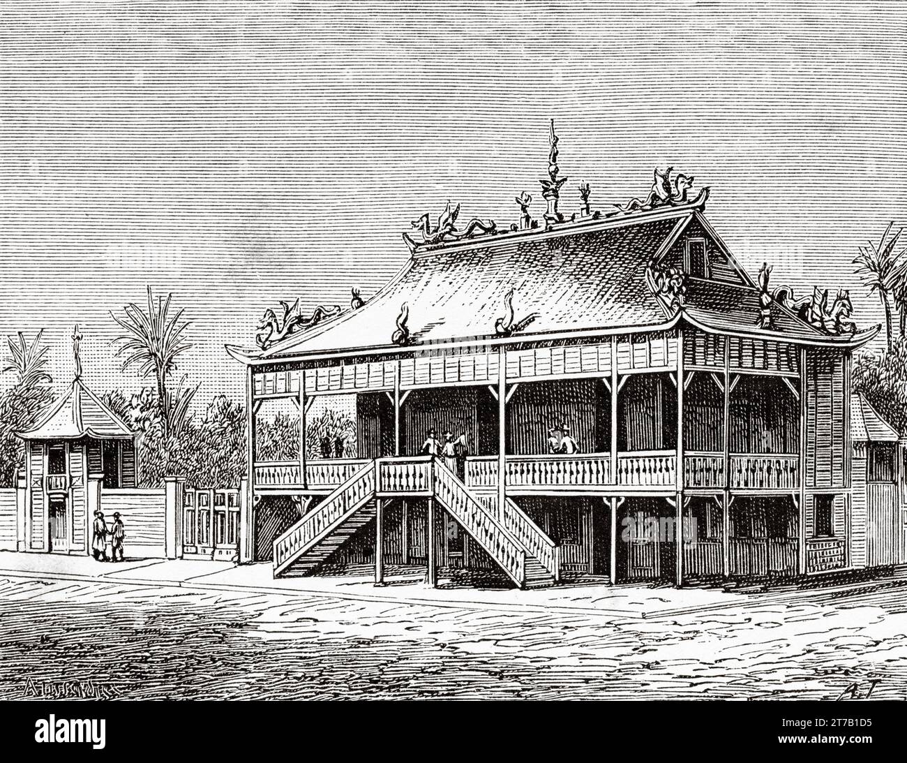 French colonial traditional house in Vietnam. Asia. Old illustration ...