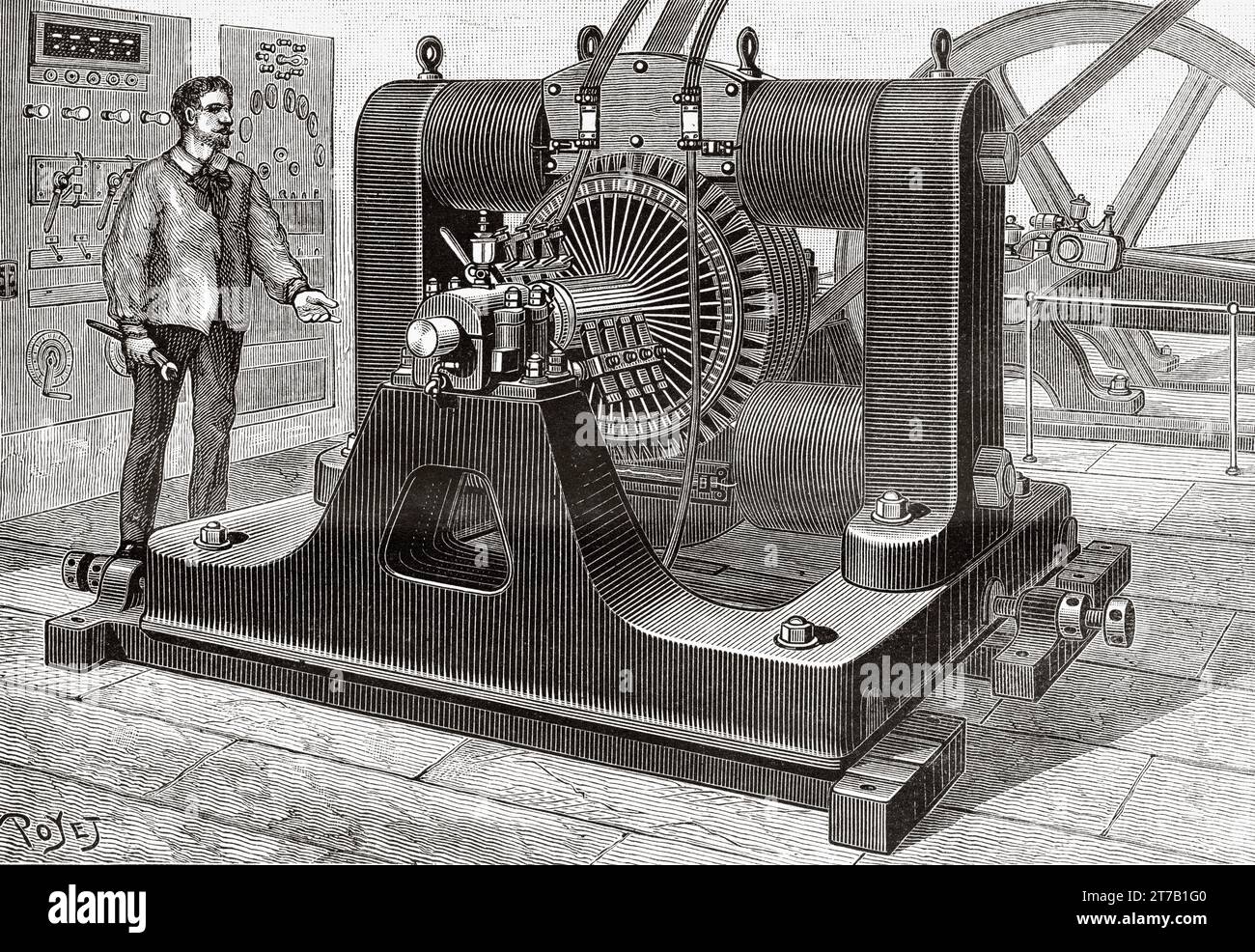 Dynamo machine for lighting the Hotel Continental in Paris, France. Old ...