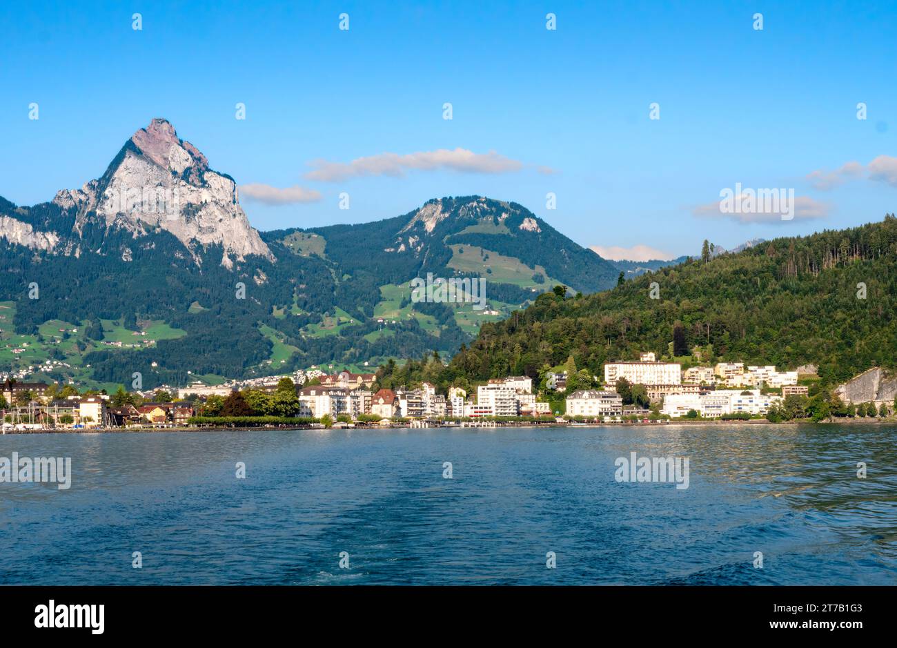 A view from the lake Urnersee or Lake Luzerne at Brunnen, a town in the ...