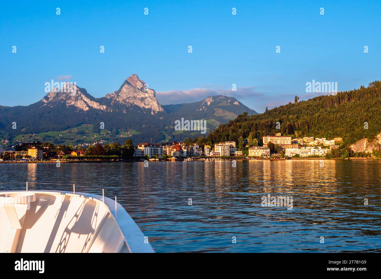 A view from the lake Urnersee or Lake Luzerne at Brunnen, a town in the ...