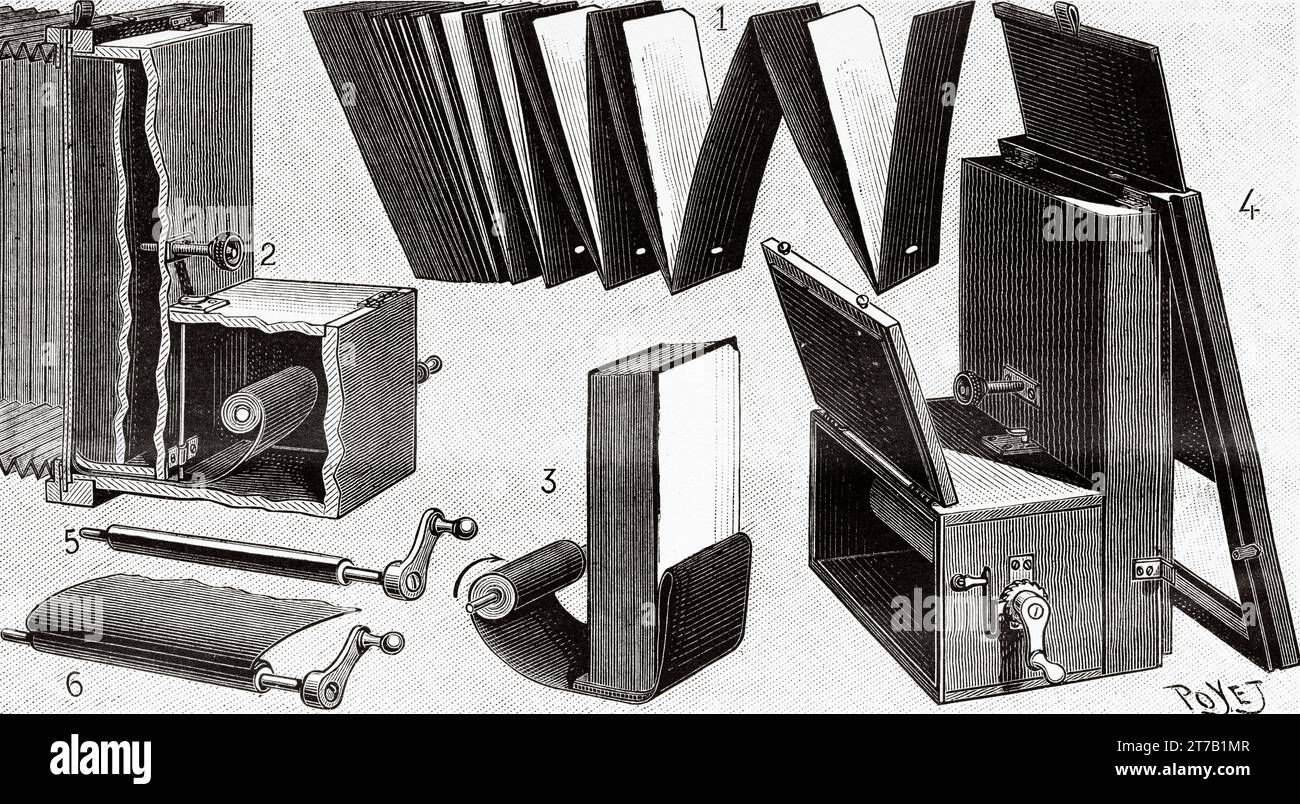 Perron's photographic camera. Old illustration by Louis Poyet (1846 ...