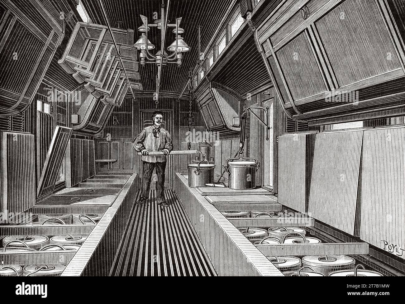 American train car for transporting fish. Old illustration by Louis ...