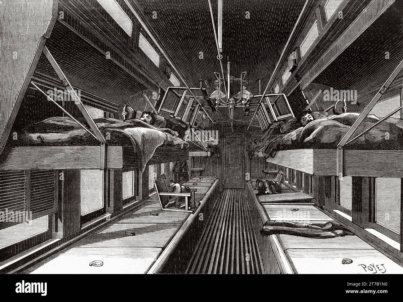 Train car with beds to sleep. Old illustration by Louis Poyet (1846 ...