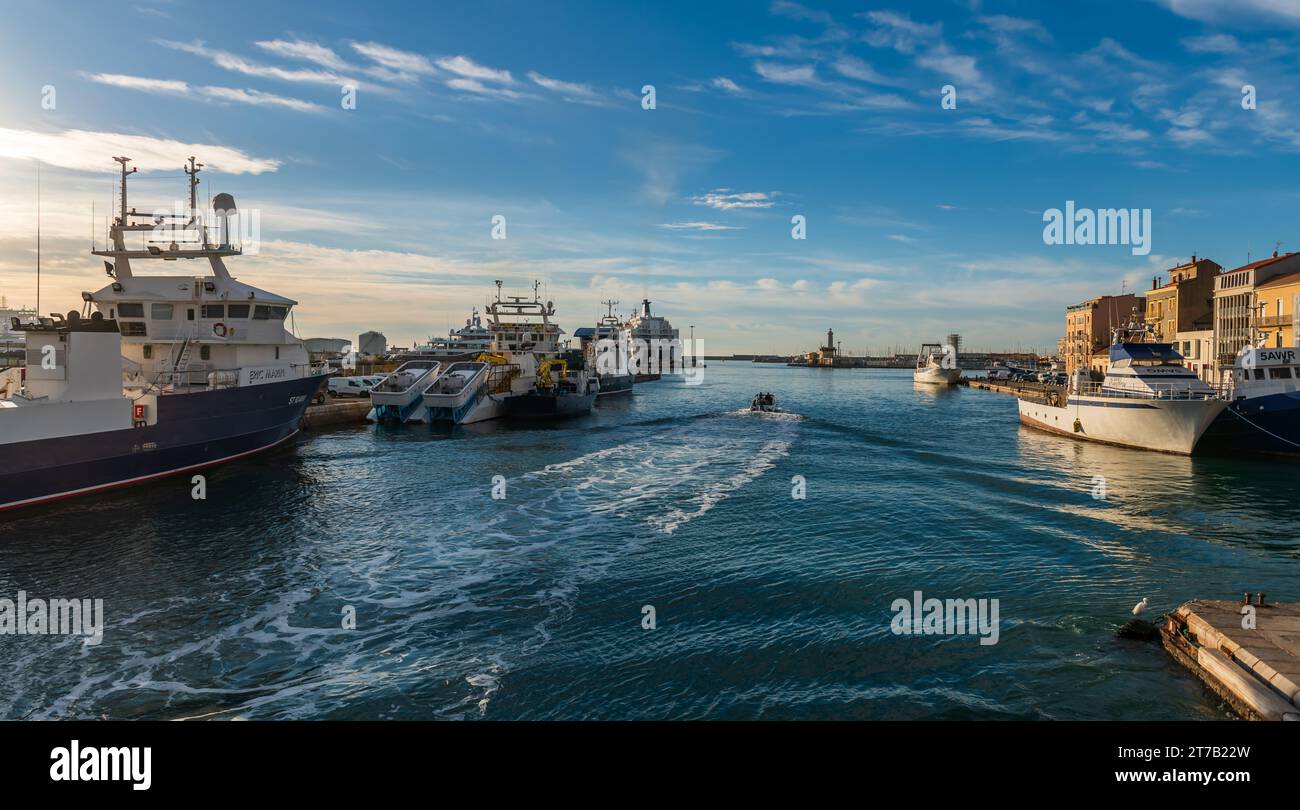 Trawlers and ferry, from the victory bridge in Sète, Occitanie, France ...