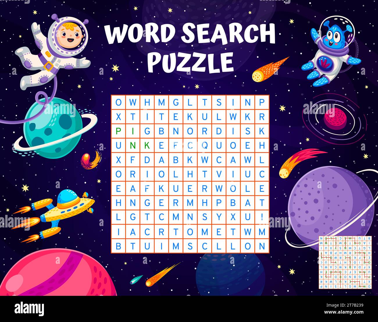 Word search puzzle game with cartoon space characters, planets and ...