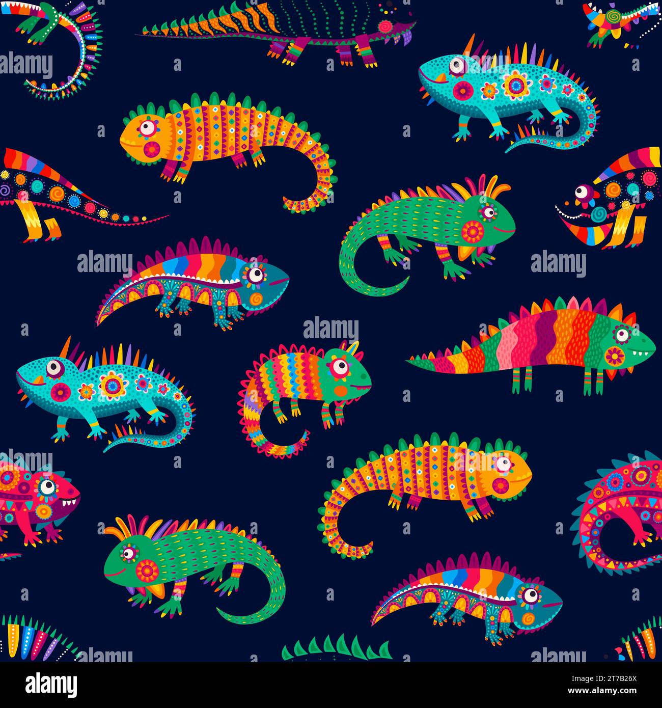 Cartoon Mexican iguana lizards characters, vector seamless pattern ...