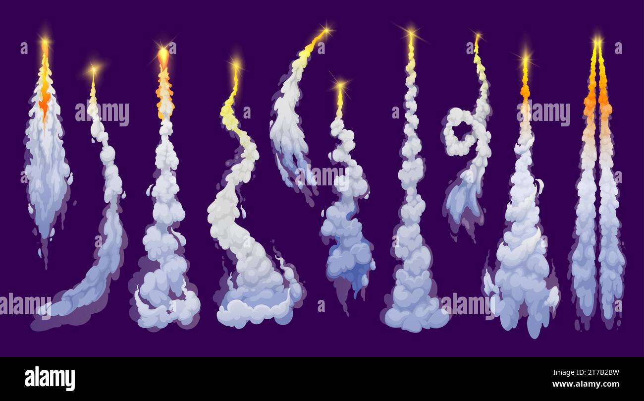 Cartoon rocket smoke trail, missile flight path with fire flame or ...