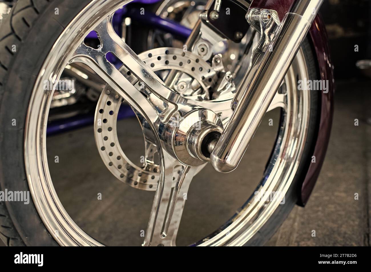 Detailed front wheel with chrome spokes of custombike custom motorcycle ...