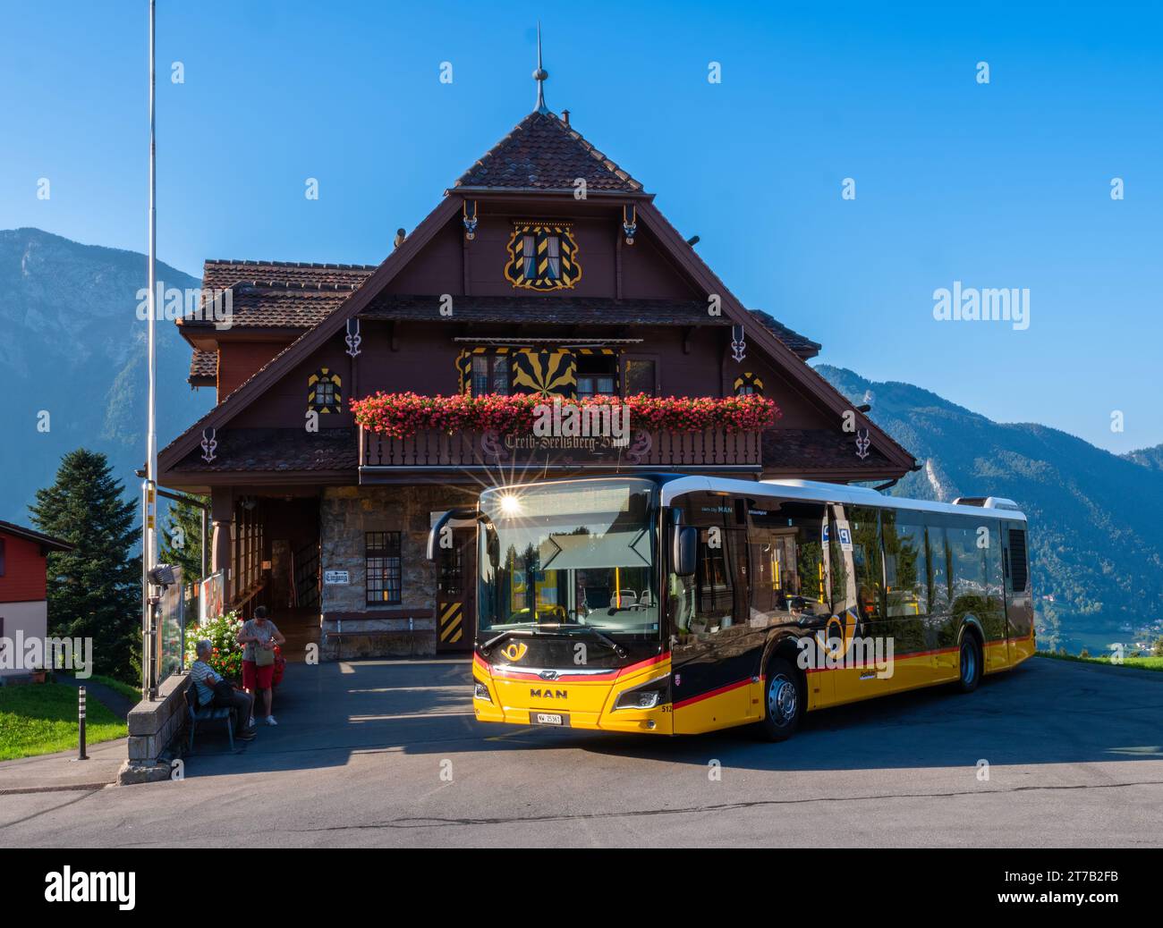 Seelisberg, Switzerland - September 6, 2023: A swiss post bus in front ...