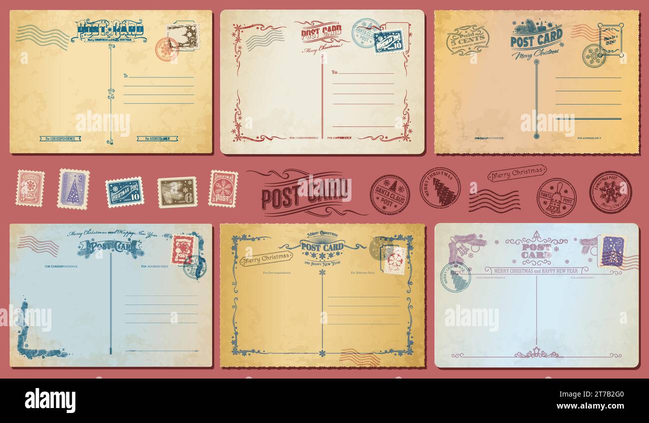 Christmas antique postcards, retro postage stamps and vintage mail ...
