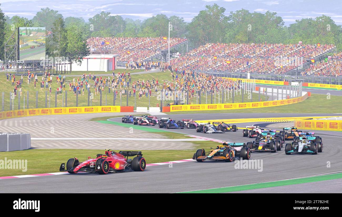 An image of a large group of people running around an oval track in a ...