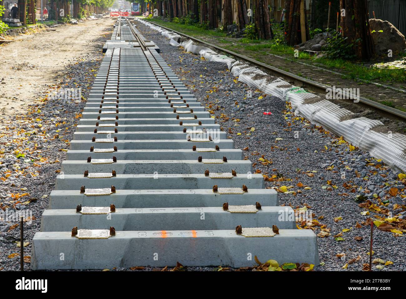 Laying new tram rails on new concrete sleepers with pads that reduces ...