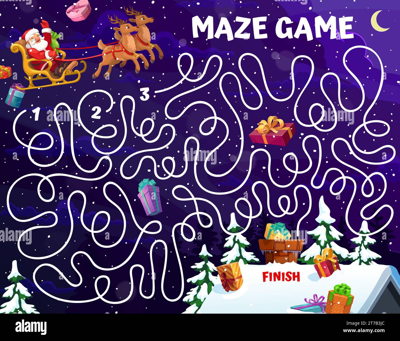 Christmas labyrinth maze Santa on sleigh. Kid vector board game ...