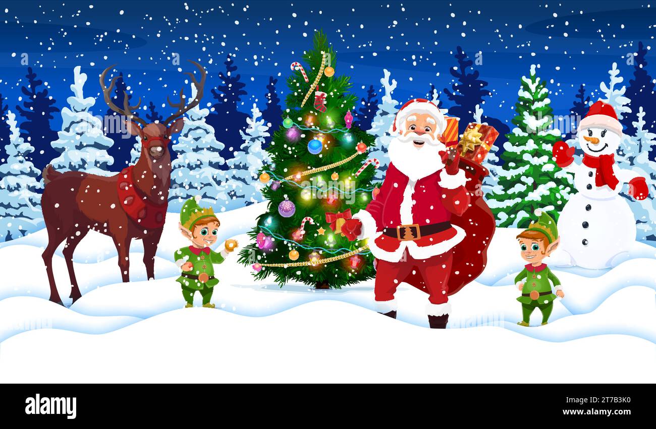 Cartoon Santa with bag, Christmas tree, reindeer and elves in winter ...