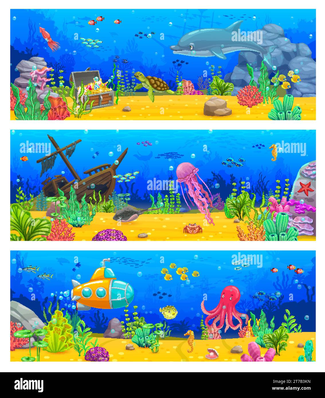 Arcade game level, cartoon underwater landscape vector backgrounds with ...