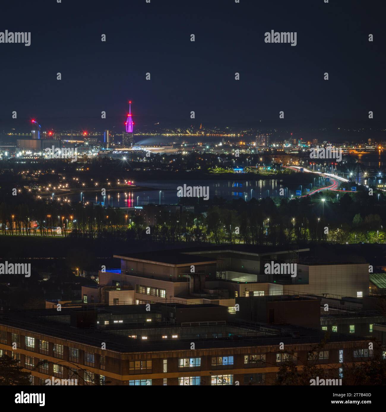 Night time view over the city of Portsmouth, Hampshire, England, UK ...