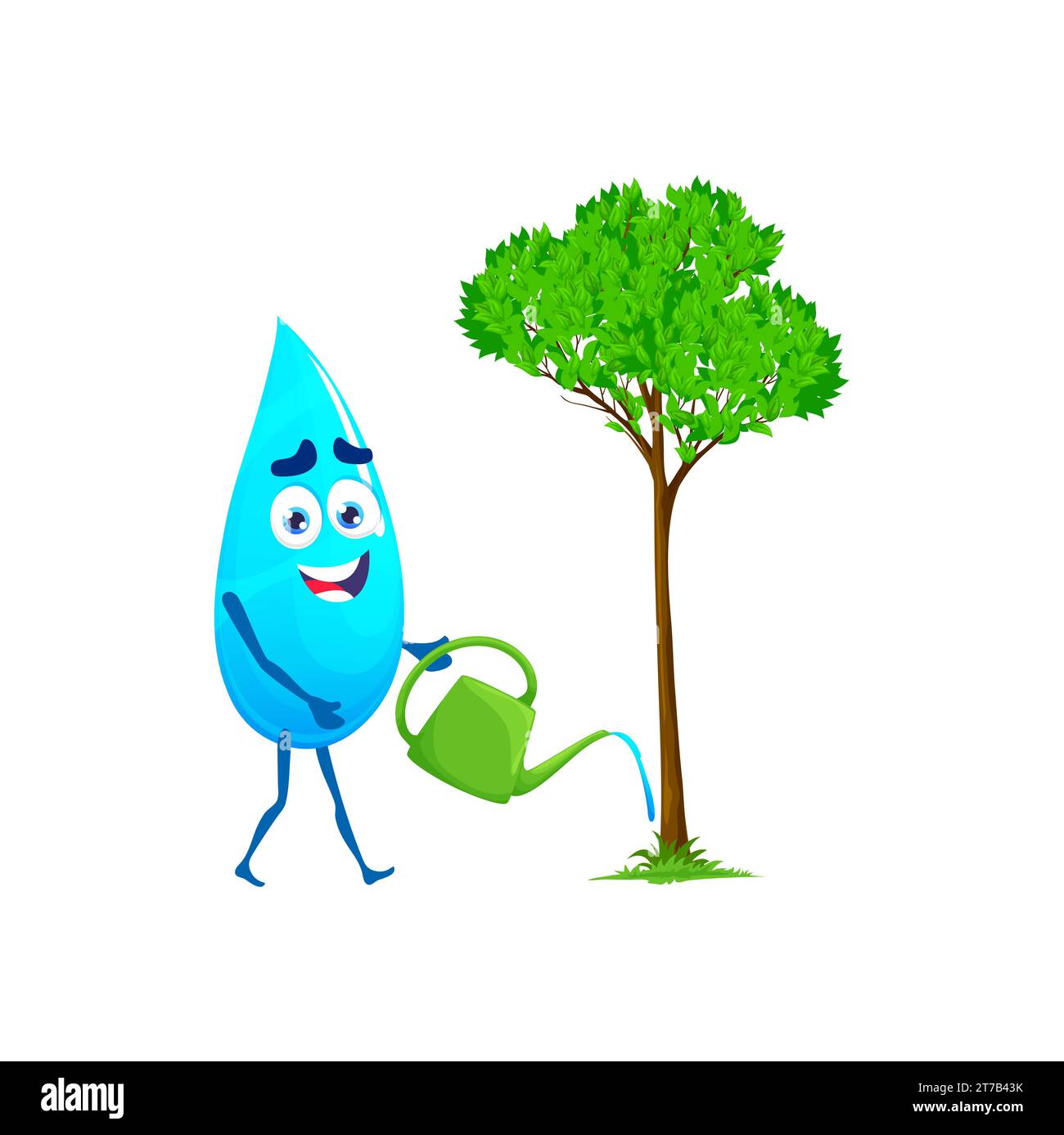 Cartoon happy water drop character watering tree, vector icon with cute ...
