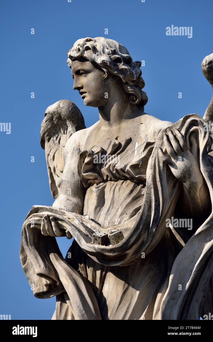 Italy, Rome, angel statue on Sant'Angelo bridge, angel with garment and ...