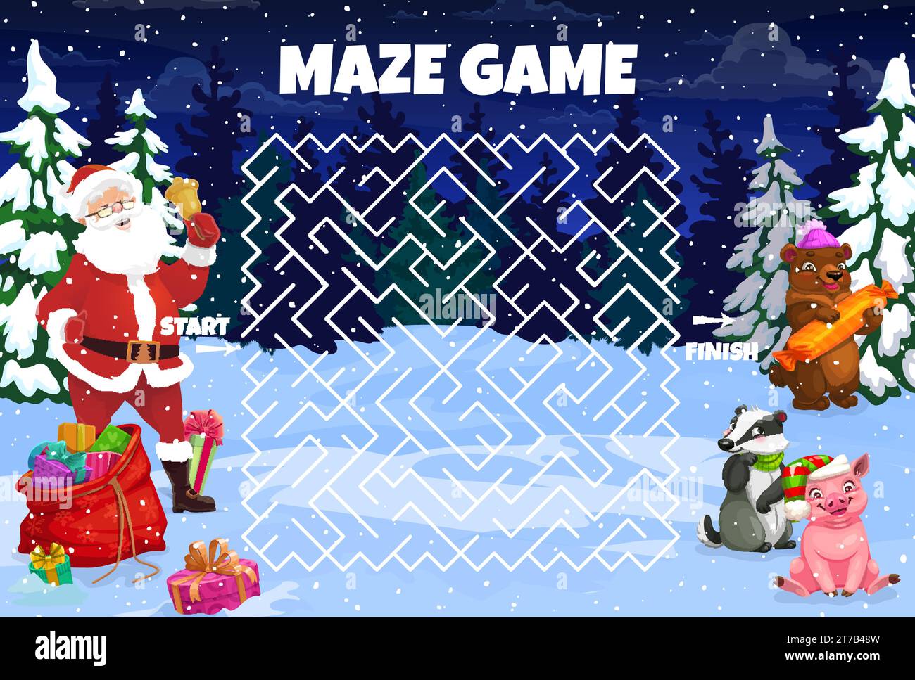 Christmas labyrinth maze worksheet for kids activities. Vector board ...